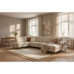 Wohnlandschaft Home Affaire "Pinto Skandi, 350 cm, U-Form, XXL, mit Ottomanen", creme, B:349cm H:89cm T:206cm, 100% Polyester, Sofas, Wohnlandschaft, mit Keder, Massivholzf&uuml;&szlig;e Eiche ger&auml;uchert, Wellenunterfederung
