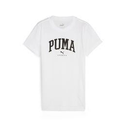 T-Shirt Puma "SQUAD GRAPHIC TEE", Damen, Gr. S, wei&szlig; (Puma wei&szlig;), Jersey, Obermaterial: 100% Baumwolle, bedruckt, regular fit normal, Rundhals, Shirts T-Shirt, sportlicher Stil, mit Print-Applikation im College-Stil, Kurzarm