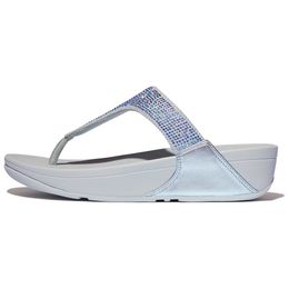 Dianette fitflop "LULU CRYSTAL EMBELLISHED TOE-POST SANDALS - HOTFIX", Damen, Gr. 40, blau (hellblau), Textil, Glitzer, Schuhe Dianette, Keilabsatz, Sommerschuh, Zehentrenner mit weichem Zehensteg