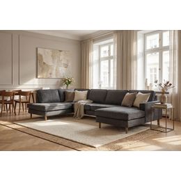 Wohnlandschaft Home Affaire "Pinto Skandi, 350 cm, U-Form, XXL, mit Ottomanen", dunkelgrau, B:349cm H:89cm T:206cm, 100% Polyester, Sofas, Wohnlandschaft, mit Keder, Massivholzf&uuml;&szlig;e Eiche ger&auml;uchert, Wellenunterfederung