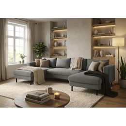 Wohnlandschaft Trendmanufaktur "Amazing II, wahlw. mit Schlaffunktion & Bettkasten, Fu&szlig; schwarz", anthrazit, B:305cm H:81cm T:161cm, Sofas, Wohnlandschaft, Sofa in U-Form, in Cord, Struktur LEO o. Struktur LINO, Breite 305 cm