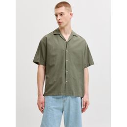 Jack & Jones Kurzarmhemd JACK & JONES "JJEBREEZE LINEN BLEND RESORT SHIRT SS SN", Herren, Gr. M, N-Gr, dusty olive, Web, Obermaterial: 70% Baumwolle, 30% Leinen, unifarben, normal, Hemden Kurzarmhemd, mit Knopfleiste