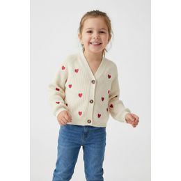 Strickjacke KIDS Only "KOGDANA LIFE LS HEART VNECK CARDIGAN KNT", M&auml;dchen, Gr. 122/128, beige (birch detail), Strick, Obermaterial: 50% Viskose, 27% Nylon, 23% Polyester, unifarben, loose fit normal, V-Ausschnitt, Raglan&auml;rmel Strickb&uuml;ndchen, Strickjacken Strickjacke