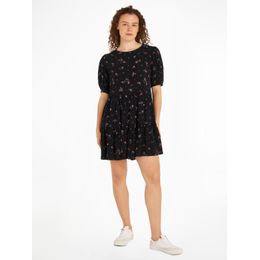 Blusenkleid Tommy Jeans "TJW BLACK FLORAL TIERD DRESS EXT", Damen, Gr. XL (42), N-Gr, schwarz (schwarz mountain floral), Web, Obermaterial: 100% Viskose, bedruckt, regular fit, Rundhals, Kleider Blusenkleid, mit Blumenprint