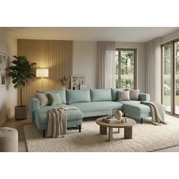 Wohnlandschaft Trendmanufaktur "Amazing II, wahlw. mit Schlaffunktion & Bettkasten, Fu&szlig; schwarz", mint, B:305cm H:81cm T:161cm, Sofas, Wohnlandschaft, Sofa in U-Form, in Cord, Struktur LEO o. Struktur LINO, Breite 305 cm