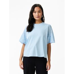 Kurzarmshirt Y.A.S "YASLEX SS TOP W. EMB SLEEVES S. NOOS", Damen, Gr. XL, blau (clear sky), Jersey, Obermaterial: 100% Baumwolle, unifarben, normal normal, Rundhals, Shirts Kurzarmshirt, mit Lochstickerei