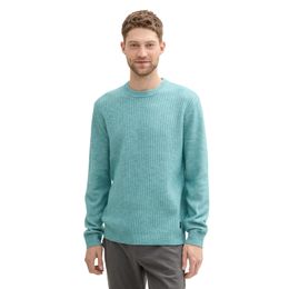 Rundhalspullover Tom Tailor, Herren, Gr. L, blau (tropical teal wei&szlig; core), Strick, Obermaterial: 58% Polyester, 37% Polyacryl, 5% Wolle, meliert, regular fit Po-bedeckend, Rundhals, Rippb&uuml;ndchen, Pullover Rundhalspullover, mit Rippstruktur