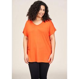 T-Shirt SANDGAARD "Asmsterdam", Damen, Gr. 38, orange (chili orange), Jersey, Obermaterial: 95% Viskose, 5% Elasthan, unifarben, Basic, relaxed fit Po-bedeckend, V-Ausschnitt, angeschnitten abgesteppt, Shirts T-Shirt, Sommershirt in Unifarbe