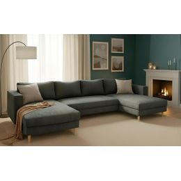 Wohnlandschaft Trendmanufaktur "Amazing, wahlw. mit Schlaffunktion & Bettkasten, Fu&szlig; Buche lackiert", dunkelgrau, B:305cm H:81cm T:161cm, Sofas, Wohnlandschaft, Sofa in U-Form, in Cord oder Struktur, Breite 305 cm