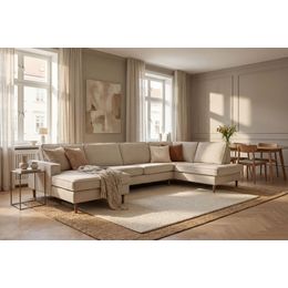 Wohnlandschaft Home Affaire "Pinto Skandi, 350 cm, U-Form, XXL, mit Ottomanen", creme, B:349cm H:89cm T:206cm, 100% Polyester, Sofas, Wohnlandschaft, mit Keder, Massivholzf&uuml;&szlig;e Eiche ger&auml;uchert, Wellenunterfederung