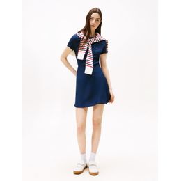 Minikleid Tommy Jeans "TJW F&F SS MINI DRESS EXT", Damen, Gr. XS (34), N-Gr, blau (schwarz night navy), Web, Obermaterial: 100% Viskose, unifarben, kurz, Rundhals, Kleider Minikleid, Viskose, Rundhals, Kurzarm