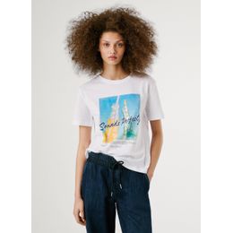 T-Shirt Pepe Jeans "ANGEL", Damen, Gr. S, wei&szlig; (800wei&szlig;), Single Jersey, Obermaterial: 100% Baumwolle, bedruckt, regular fit, Rundhals, abgesteppte Kante, Shirts T-Shirt, mit gro&szlig;em Frontprint, Topseller