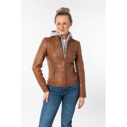 Lederjacke Mauritius "Junja", Damen, Gr. S (36), braun (cognac), Obermaterial: 100% Schafsleder. Futter: 100% Baumwolle. Kapuze: 55% Baumwolle, 45% Polyester. &Auml;rmelfutter: 100% Polyester, sehr figurbetont kurz, mit Rei&szlig;verschluss, Jacken Lederjacke, mit abnehmbarem Kapuzen-Einsatz und aufwendigen Biker-Details, Topseller