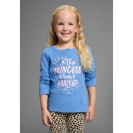 Langarmshirt Kidsworld "mit Glitzerprint: PRINCESS HAS ARRIVED", M&auml;dchen, Gr. 104/110, blau, Single Jersey, Obermaterial: 100% Baumwolle, bedruckt, Basic h&uuml;ftbedeckend, Rundhals, Shirts Langarmshirt, Spr&uuml;cheshirt, Glitzershirt f&uuml;r kleine Prinzessinnen