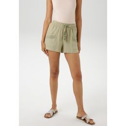 Shorts Aniston CASUAL, Damen, Gr. 42, N-Gr, gr&uuml;n (hellkhaki), Web, Obermaterial: 100% Baumwolle, Strukturmuster, unifarben, figurumspielend kurz, Hosen Shorts, mit H&auml;kel-Applikationen verziert