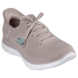 Slip-On Sneaker Skechers "SUMMITS-NEW DAILY", Damen, Gr. 43, grau (taupe), Textil, Schuhe Slip-On Sneaker, Slipper, Freizeitschuh in veganer Verarbeitung