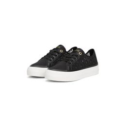 Plateausneaker Tommy Hilfiger "VULC EMBROIDERED SNEAKER", Damen, Gr. 35, schwarz, Lederimitat, Textil, Schuhe Plateausneaker, Freizeitschuh, Halbschuh, Schn&uuml;rer mit unterlegter TH-Logostickerei