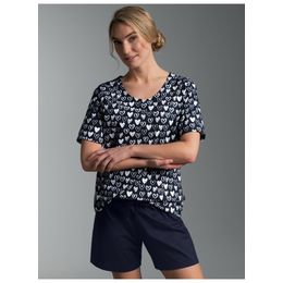 Schlafanzug TRIGEMA "TRIGEMA Pyjama mit Allover-Druck "Herzen", Damen, Gr. M, navy, Single Jersey, 100% Baumwolle, Rundhals, Homewear-Sets Schlafanzug