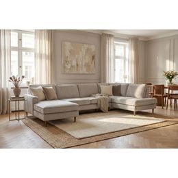 Wohnlandschaft Home Affaire "Pinto Skandi, 350 cm, U-Form, XXL, mit Ottomanen", silber grau, B:349cm H:89cm T:206cm, 100% Polyester, Sofas, Wohnlandschaft, mit Keder, Massivholzf&uuml;&szlig;e Eiche ger&auml;uchert, Wellenunterfederung