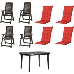 JARDIN Garten-Essgruppe &raquo;Aruba + Elise&laquo; Set, 9 tlg. 4 x Klappsessel graphit, 1 x Tisch graphit,, 4 x Auflage red Baumwollmix, Polypropylen