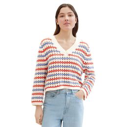 Tom Tailor Denim Damen Tom Tailor Denim Strickpullover in Streifen-Optik und mit V-Ausschnitt bunt XXL (44)