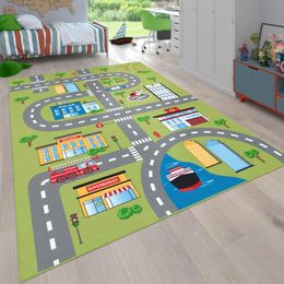 Paco Home Kinderteppich &raquo;Bino 570&laquo; rechteckig 4 mm H&ouml;he Kurzflor, Stra&szlig;en-Spiel-Teppich, Kinderzimmer gr&uuml;n Polyester