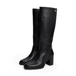 Tommy Hilfiger Damen Stiefel &raquo;STACKED HEEL LEATHER LONG BOOT&laquo; , Blockabsatz, Langschaftstiefel mit goldfarbenem Logo-Schmuckelement schwarz 38, 
