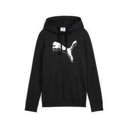 Kapuzensweatshirt Puma "ESS METALLIC HOODIE FL", Damen, Gr. S, silber (Puma schwarz, metallic silber), Fleece, Obermaterial: 68% Baumwolle, 32% Polyester, bedruckt, regular fit normal, Rundhals, angesetztes B&uuml;ndchen, Sweatshirts Kapuzensweatshirt, mit Logodruck, aus Fleece-Material, mit K&auml;ngurutasche