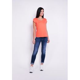 T-Shirt Seidel Moden, Damen, Gr. 54, orange (koralle), Jersey, Obermaterial: 95% Viskose, 5% Elasthan, unifarben, figurumspielend h&uuml;ftlang, Rundhals, abgesteppte Kante, Shirts T-Shirt, mit Kappen&auml;rmel, MADE IN GERMANY