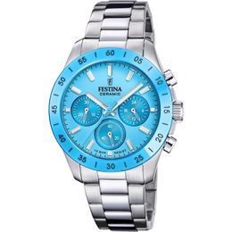 Festina Damen Chronograph &raquo;Ceramic&laquo; Quarzuhr, Armbanduhr, Damen, Herren, Edelstahlarmband, Keramikl&uuml;nette silber