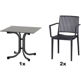 siena GARDEN Gartensessel &raquo;Lane Sessel anthrazit 2er Set mit Tisch&laquo; Set, 2 Stk. tlg. 2 x Stapelsessel + Tisch Sola 80 x 80 cm