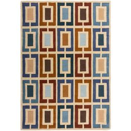 FLAIR RUGS Wollteppich &raquo;Retro Blocks mit Hoch-Tief-Effekt&laquo; rechteckig 10 mm H&ouml;he handgeschnitzter Wollteppich,Wohnzimmer, Schlafzimmer, Esszimmer blau