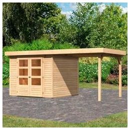 Gartenhaus Karibu "Arnis 3,5", beige (naturbelassen), ohne Fu&szlig;boden, ohne R&uuml;ck- und Seitenwand, ohne Dacheindeckung, Holzwerkstoff, Gartenh&auml;user, Gartenhaus, mit Anbaudach 2,40 cm Breite