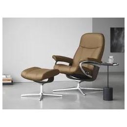 Relaxsessel stressless "Consul", braun (taupe paloma), B:82cm H:102cm T:72cm, Leder PALOMA: PALOMA ist ein durchgef&auml;rbtes Semianilin-M&ouml;belleder mit nat&uuml;rlicher Narbung., Sessel, Relaxsessel, mit Hocker, mit Cross Base, Gr&ouml;&szlig;e S, M & L, Holzakzent Wenge