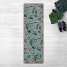 Yogamatte Kork - Floraler Kupferstich T&uuml;rkisgrau - Vintage t&uuml;rkis Blumen Sportmatte Retro rutschfest