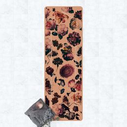 Yogamatte Kork - Barockbl&uuml;ten mit wei&szlig;er Geometrie - Illustration rosa Blumen Aquarell Gymnastik rutschfest