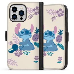 DeinDesign iPhone 13 Pro Handy Klapph&uuml;lle Handyh&uuml;lle aus Kunst Leder schwarz Flip Case Flowers Lilo & Stitch Official Licensed Product Sideflip mit Lasche