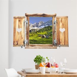 3D Wandtattoo Fenster mit Herz Steiermark Almwiese Fenster Wandsticker 3D-Optik Wandaufkleber Fenster Ausblick in S-XXL 3D-Effekt