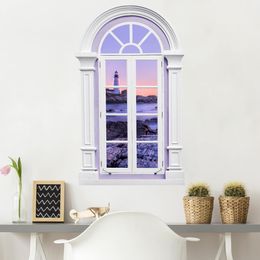 3D Wandtattoo Fensterblick Fenster Mediterran Leuchtturm am Morgen Fenster Wandsticker 3D-Optik Wandaufkleber Fenster Ausblick in S-XXL 3D-Effekt