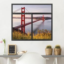 Bilderwelten Wandtattoo Stadt modern 3D-Effekt Wandaufkleber - Fenster Schwarz Golden Gate Bridge in San Francisco - Skylines Wohnzimmer Schlafzimmer