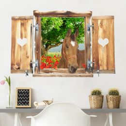 3D Wandtattoo Fenster mit Herz und Pferd Sommerwiese Fenster Wandsticker 3D-Optik Wandaufkleber Fenster Ausblick in S-XXL 3D-Effekt