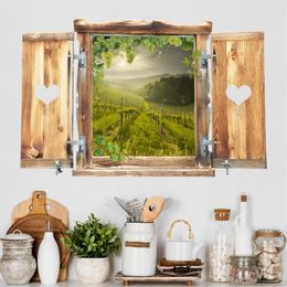 3D Wandtattoo Fenster mit Herz Sonnenstrahlen Weinberg Fenster Wandsticker 3D-Optik Wandaufkleber Fenster Ausblick in S-XXL 3D-Effekt