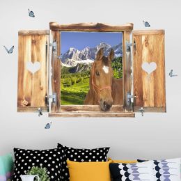 3D Wandtattoo Fenster mit Herz und Pferd Steiermark Almwiese Fenster Wandsticker 3D-Optik Wandaufkleber Fenster Ausblick in S-XXL 3D-Effekt