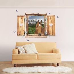 3D Wandtattoo Fensterblick Fenster mit Herz und Pferd Bergblick Wiesenpfad Fenster Wandsticker 3D-Optik Wandaufkleber Ausblick in S-XXL 3D-Effekt