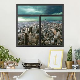 3D Wandtattoo Fenster Schwarz Skyline New York im Gewitter Fenster Wandsticker 3D-Optik Wandaufkleber Fenster Ausblick in S-XXL 3D-Effekt