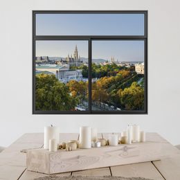 3D Wandtattoo Fenster Schwarz Blick &uuml;ber Wien Fenster Wandsticker 3D-Optik Wandaufkleber Fenster Ausblick in S-XXL 3D-Effekt