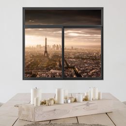 3D Wandtattoo Fenster Schwarz Gro&szlig;artiger Blick &uuml;ber Paris Fenster Wandsticker 3D-Optik Wandaufkleber Fenster Ausblick in S-XXL 3D-Effekt