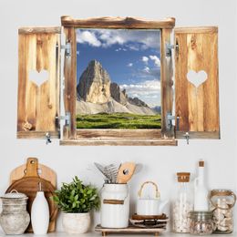 3D Wandtattoo Fenster mit Herz S&uuml;dtiroler Zinnen und Wasserspiegelung Wandsticker 3D-Optik Wandaufkleber Fenster Ausblick in S-XXL 3D-Effekt