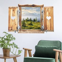 3D Wandtattoo Fensterblick Fenster mit Herz &Eacute;mosson Wallis Schweiz Fenster Wandsticker 3D-Optik Wandaufkleber Fenster Ausblick in S-XXL 3D-Effekt
