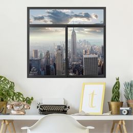 3D Wandtattoo Fenster Schwarz Sonnenaufgang in New York Fenster Wandsticker 3D-Optik Wandaufkleber Fenster Ausblick in S-XXL 3D-Effekt